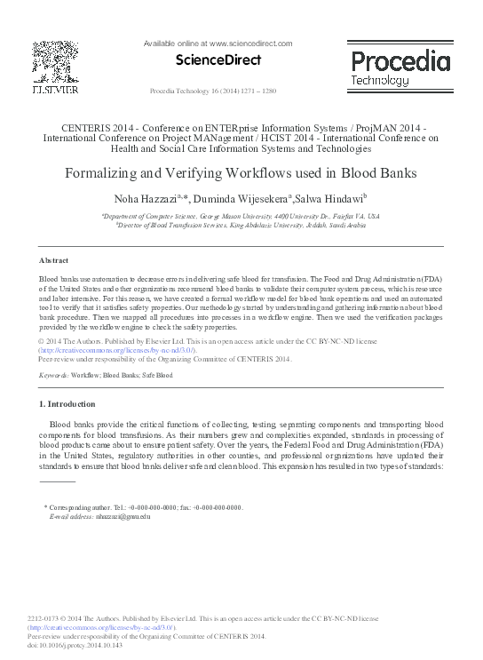 (PDF) Formalizing and Verifying Workflows Used in Blood Banks