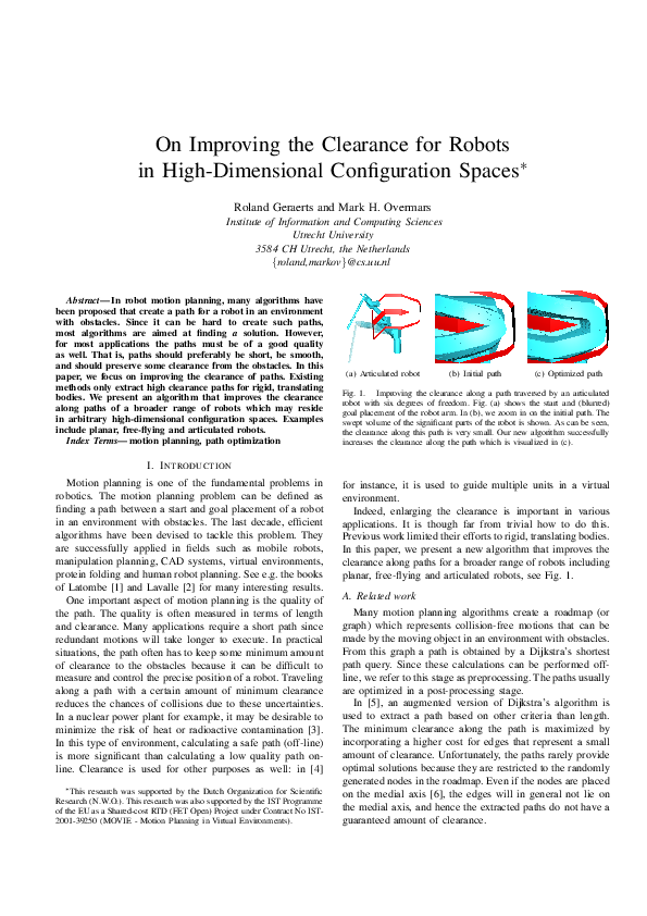 (PDF) On improving the clearance for robots in high-dimensional configuration spaces