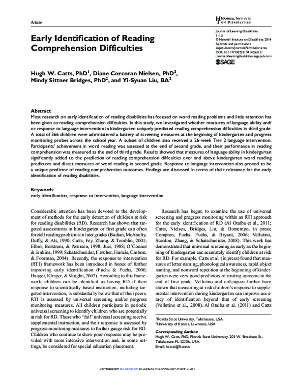 (PDF) Early Identification of Reading Comprehension Difficulties