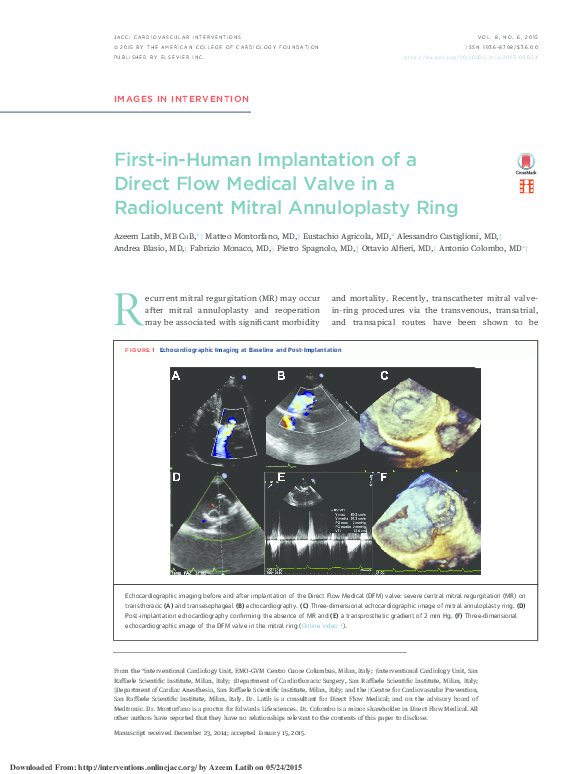 (PDF) First-in-Human Implantation of a Direct Flow Medical Valve in a ...