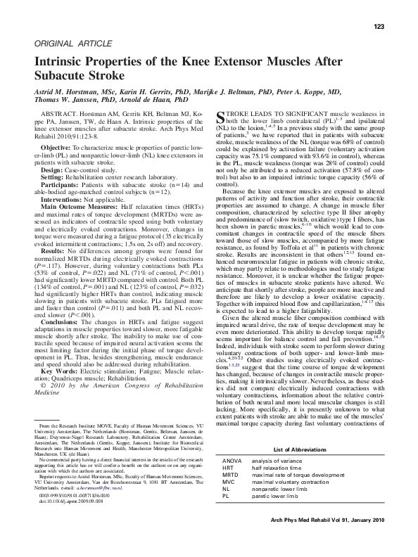 (PDF) Intrinsic Properties of the Knee Extensor Muscles After Subacute ...