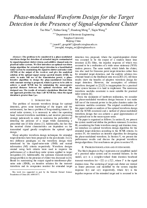 Pdf Phase Modulated Waveform Design For The Target Detection In The Presence Of Signal