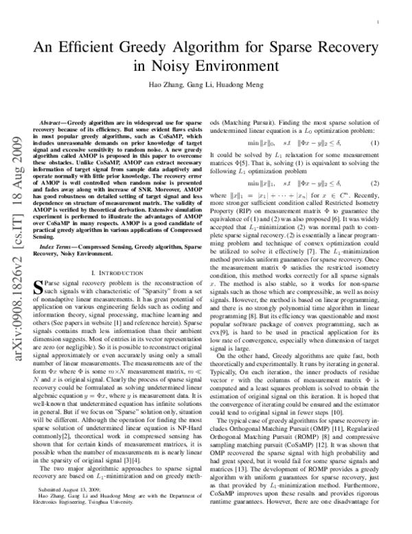 (PDF) An Efficient Greedy Algorithm for Sparse Recovery in Noisy Environment