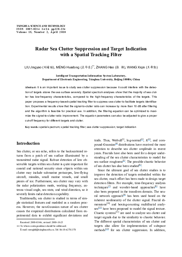 Pdf Radar Sea Clutter Suppression And Target Indication With A Spatial Tracking Filter
