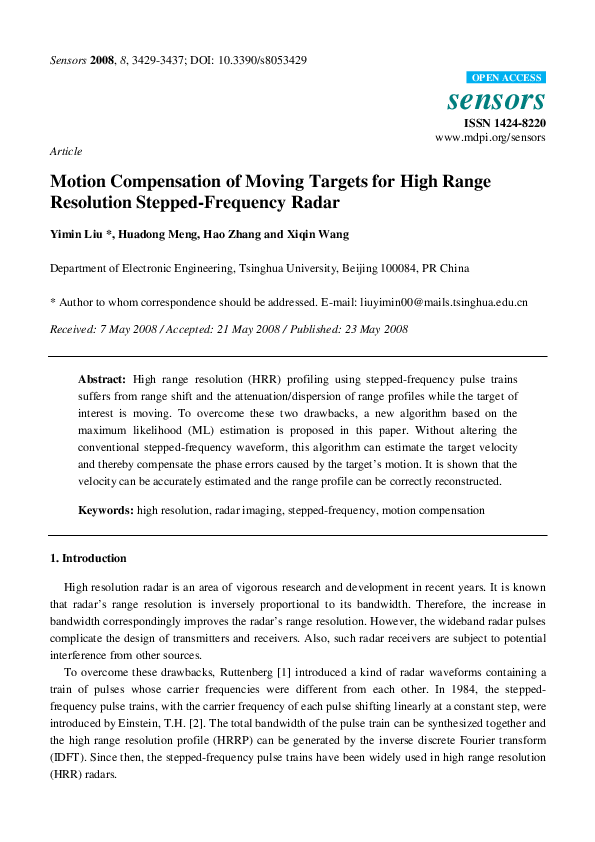 (PDF) Motion Compensation of Moving Targets for High Range Resolution Stepped-Frequency Radar