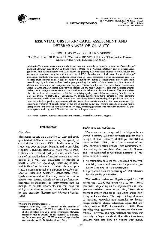 (PDF) Essential obstetric care: Assessment and determinants of quality