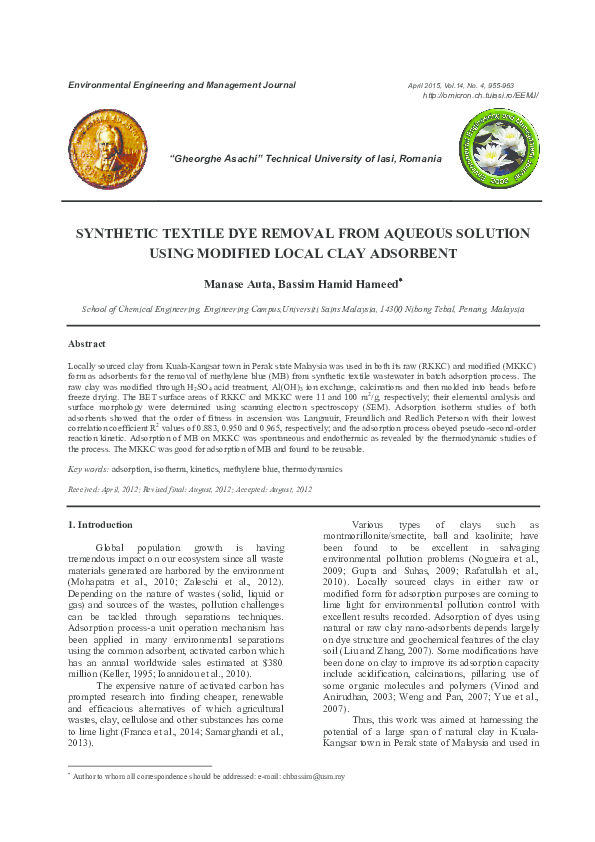 (PDF) SYNTHETIC TEXTILE DYE REMOVAL FROM AQUEOUS SOLUTION USING MODIFIED LOCAL CLAY ADSORBENT