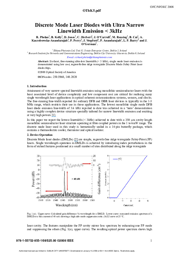 (PDF) Discrete mode laser diodes with very narrow linewidth emission