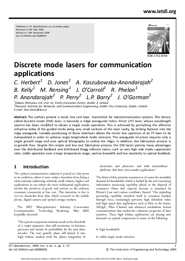 (PDF) Discrete mode lasers for communication applications