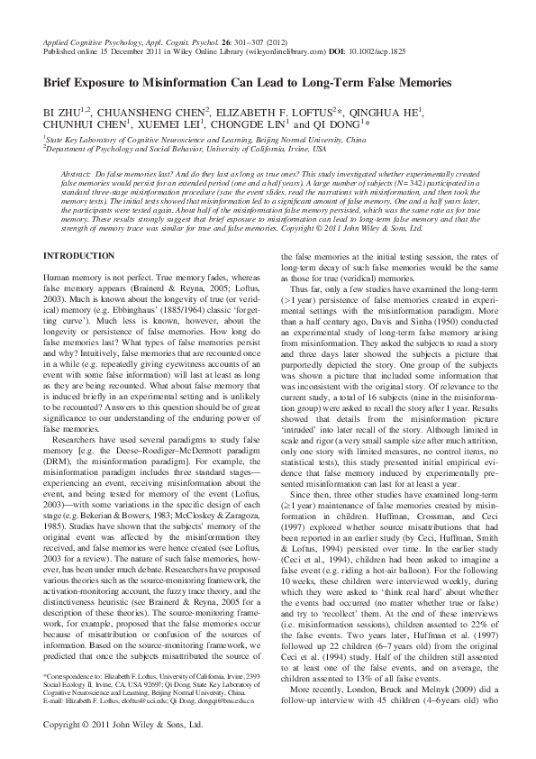 (PDF) Brief Exposure to Misinformation Can Lead to Long-Term False Memories