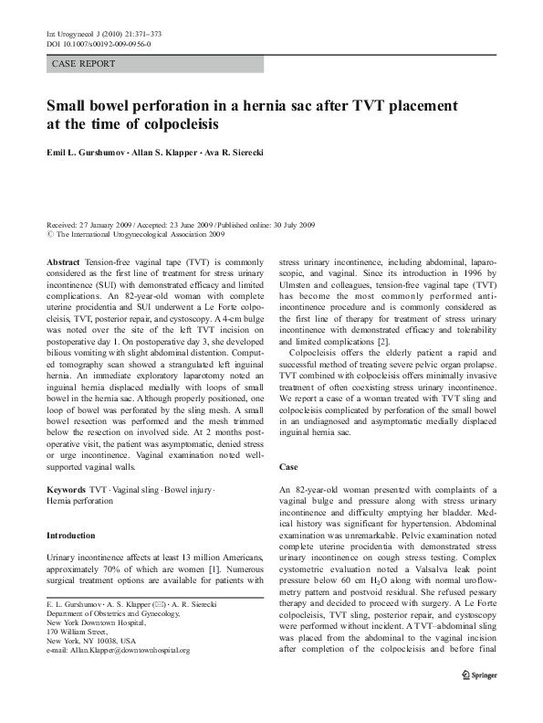 (PDF) Small bowel perforation in a hernia sac after TVT placement at ...