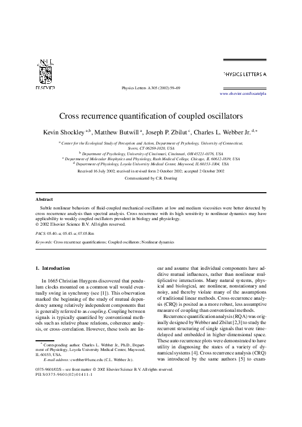 (PDF) Cross recurrence quantification of coupled oscillators