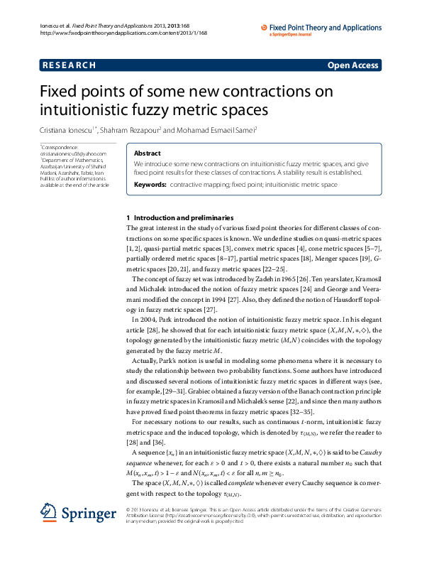 Pdf Fixed Points Of Some New Contractions On Intuitionistic Fuzzy Metric Spaces