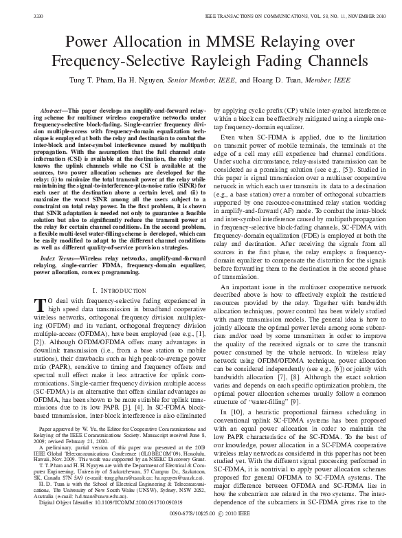 (PDF) Power Allocation in MMSE Relaying over Frequency-Selective Rayleigh Fading Channels