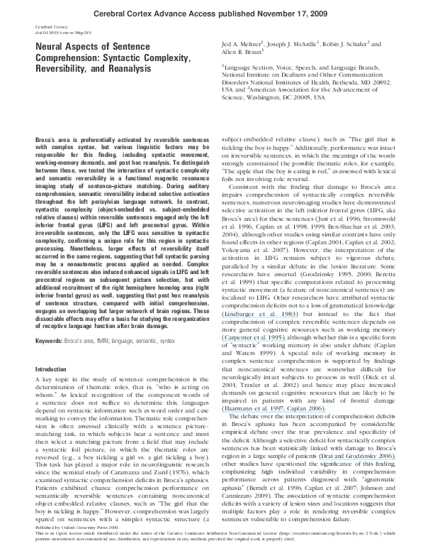 (PDF) Neural Aspects of Sentence Comprehension: Syntactic Complexity, Reversibility, and Reanalysis
