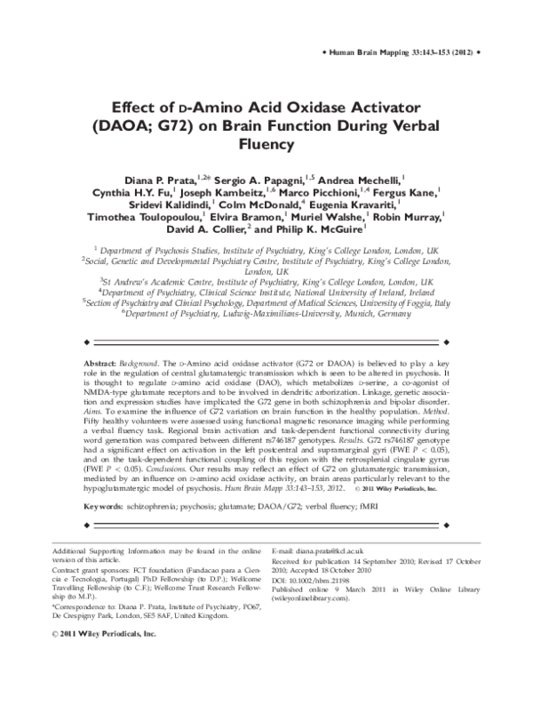 (PDF) Effect of D-amino acid oxidase activator (DAOA; G72) on brain ...