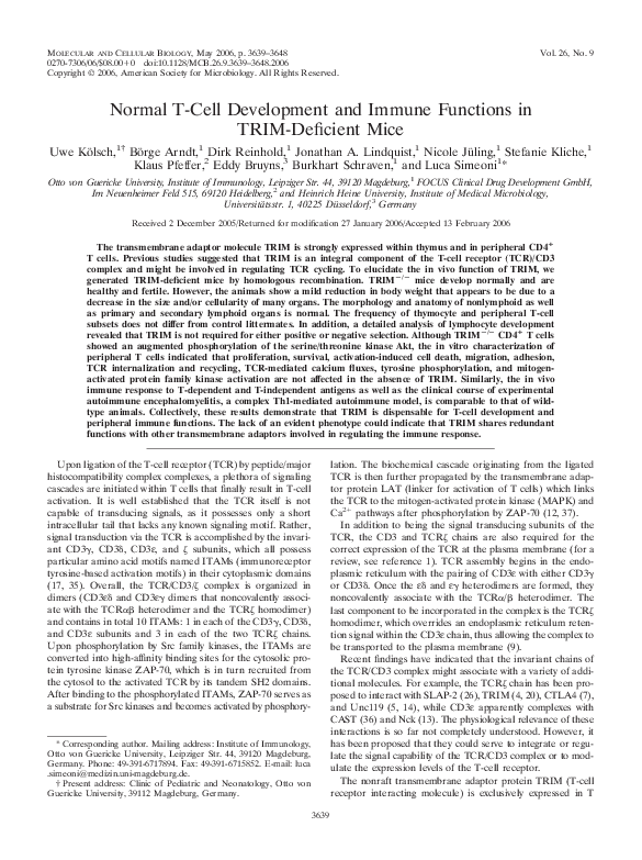 (PDF) Normal T-Cell Development and Immune Functions in TRIM-Deficient Mice