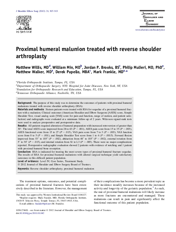 (PDF) Proximal humeral malunion treated with reverse shoulder arthroplasty