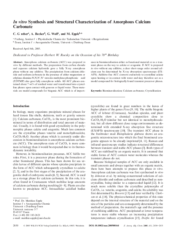 (PDF) In vitro Synthesis and Structural Characterization of Amorphous Calcium Carbonate