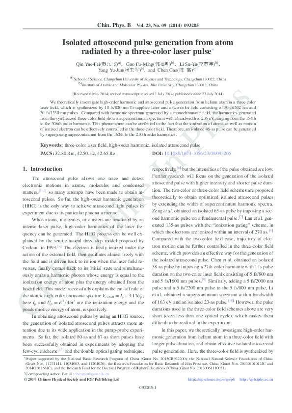 (PDF) Isolated attosecond pulse generation from atom radiated by a three-color laser pulse