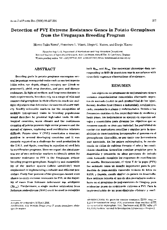 (PDF) Detection of PVY extreme resistance genes in potato germplasm ...