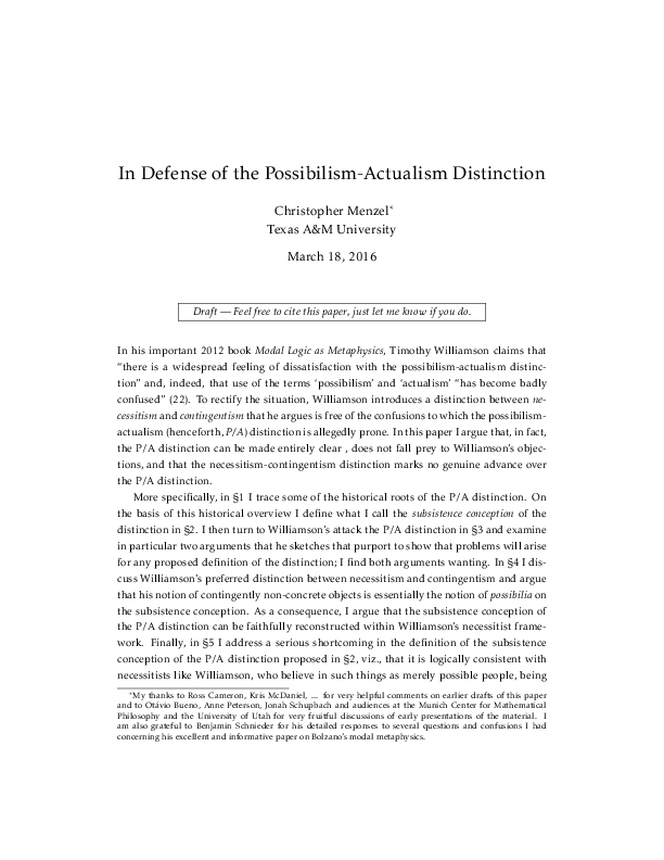 (PDF) In Defense of the Possibilism-Actualism Distinction