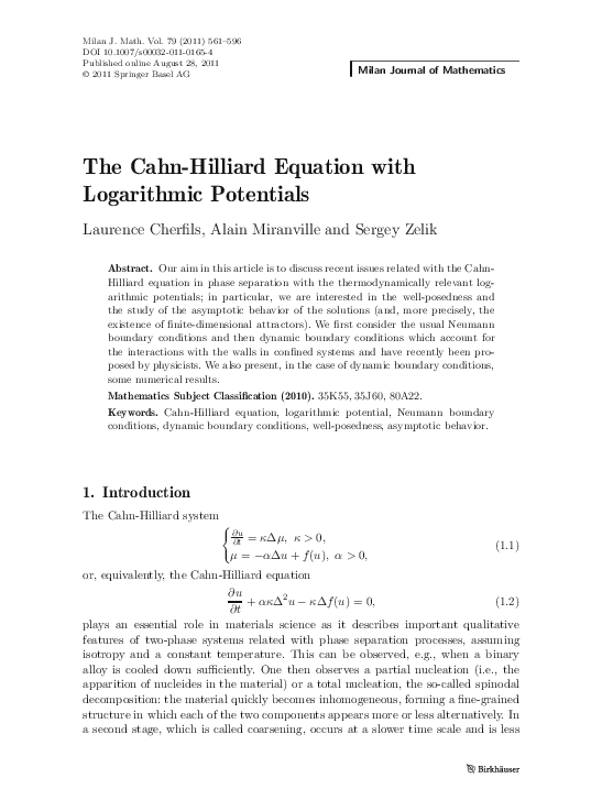 Pdf The Cahn Hilliard Equation With Logarithmic Potentials
