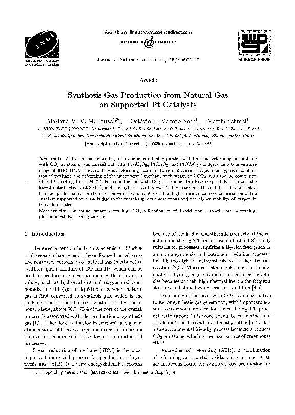 (PDF) Synthesis Gas Production from Natural Gas on Supported Pt Catalysts