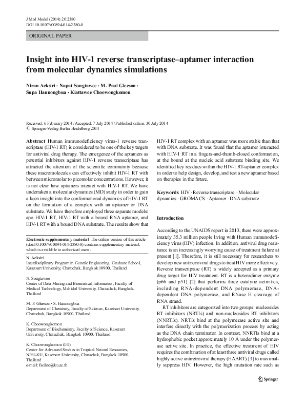 (PDF) Insight into HIV-1 reverse transcriptase–aptamer interaction from ...