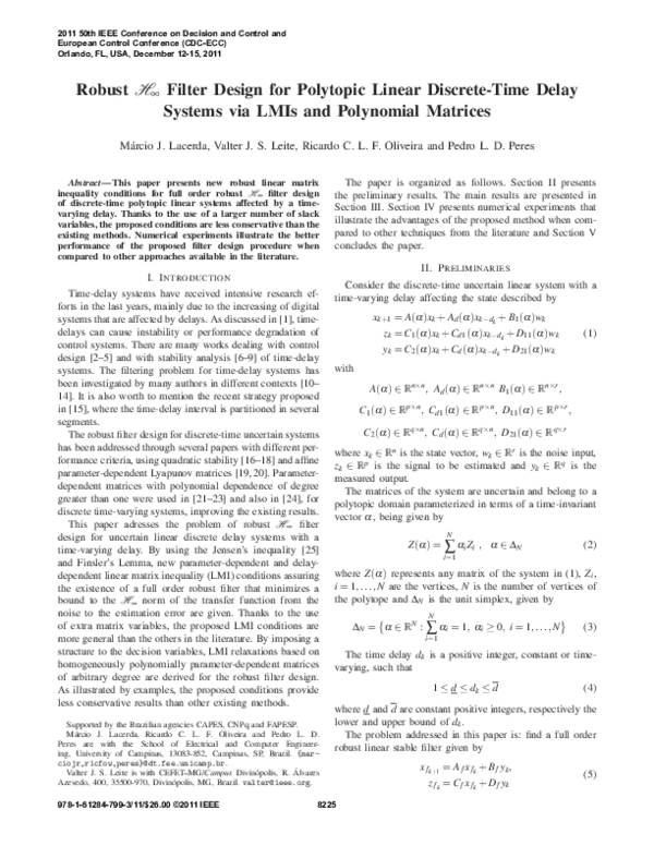 Pdf Robust H ∞ Filter Design For Polytopic Linear Discrete Time Delay Systems Via Lmis And