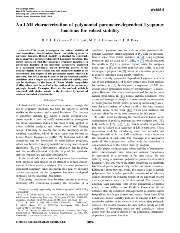 Pdf An Lmi Characterization Of Polynomial Parameter Dependent Lyapunov Functions For Robust