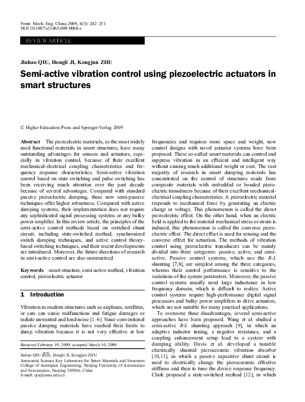 (PDF) Semi-active vibration control using piezoelectric-based switched stiffness