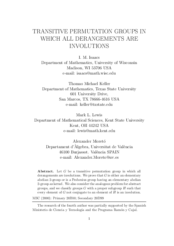(PDF) Transitive permutation groups in which all derangements are involutions