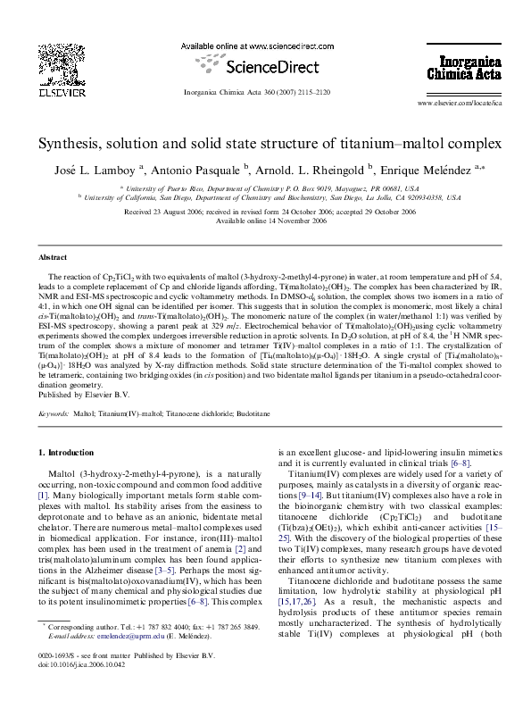 (PDF) Synthesis, solution and solid state structure of titanium–maltol ...