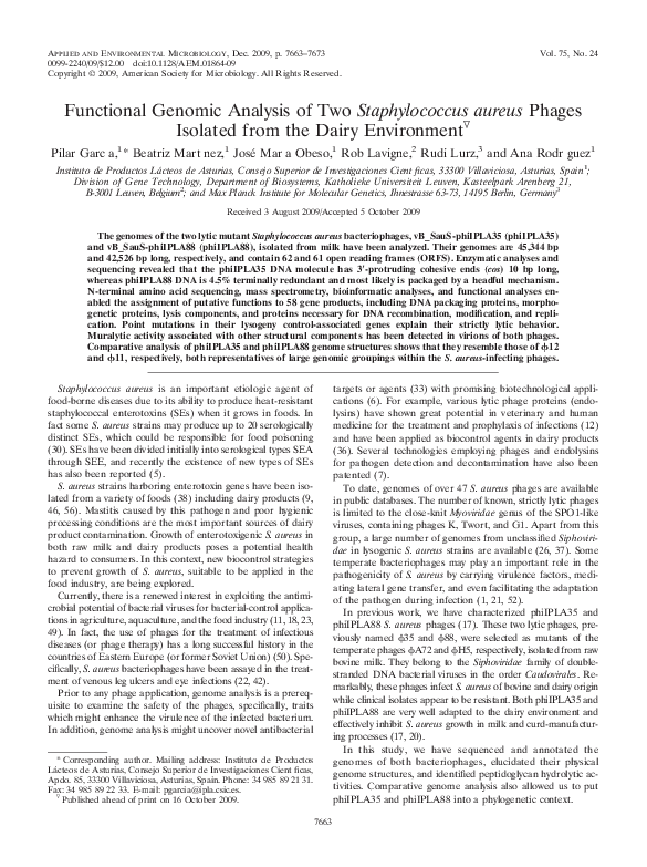 (PDF) Functional Genomic Analysis of Two Staphylococcus aureus Phages Isolated from the Dairy ...