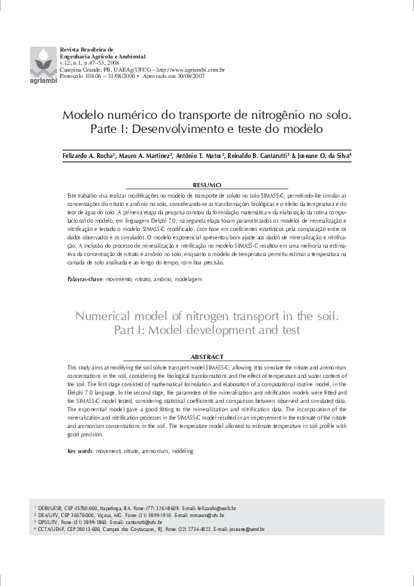 (PDF) Modelo numérico do transporte de nitrogênio no solo. Parte I ...