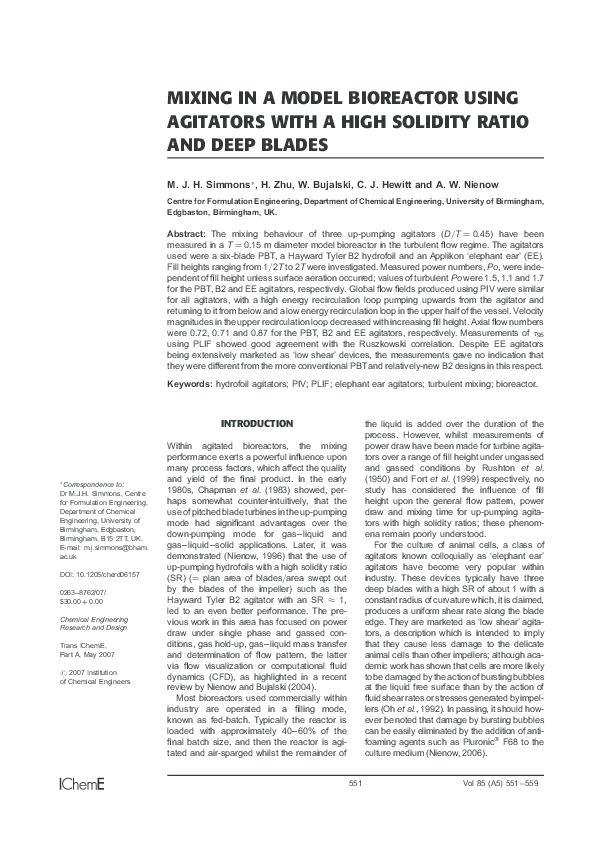 (PDF) Mixing in a Model Bioreactor Using Agitators with a High Solidity Ratio and Deep Blades