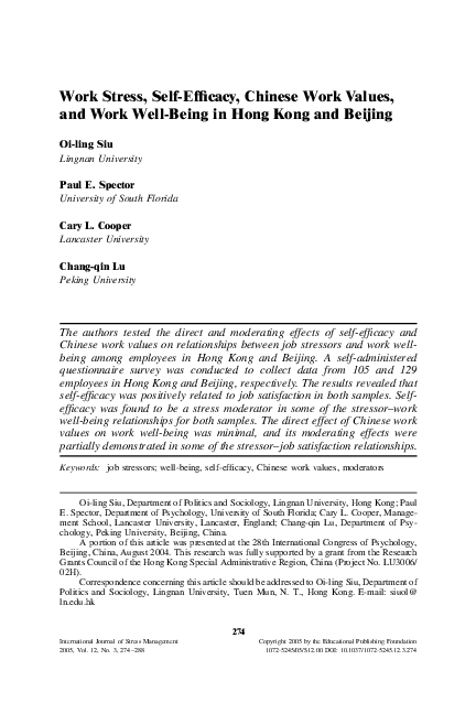 (PDF) Work Stress, Self-Efficacy, Chinese Work Values, and Work Well ...