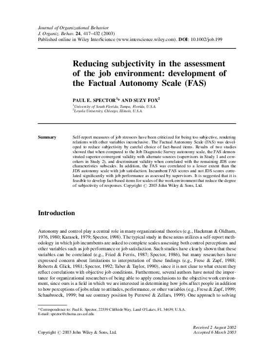 (PDF) Reducing subjectivity in the assessment of the job environment ...