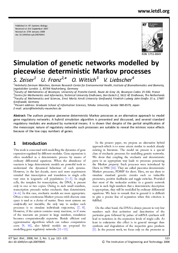 Pdf Simulation Of Genetic Networks Modelled By Piecewise Deterministic Markov Processes 