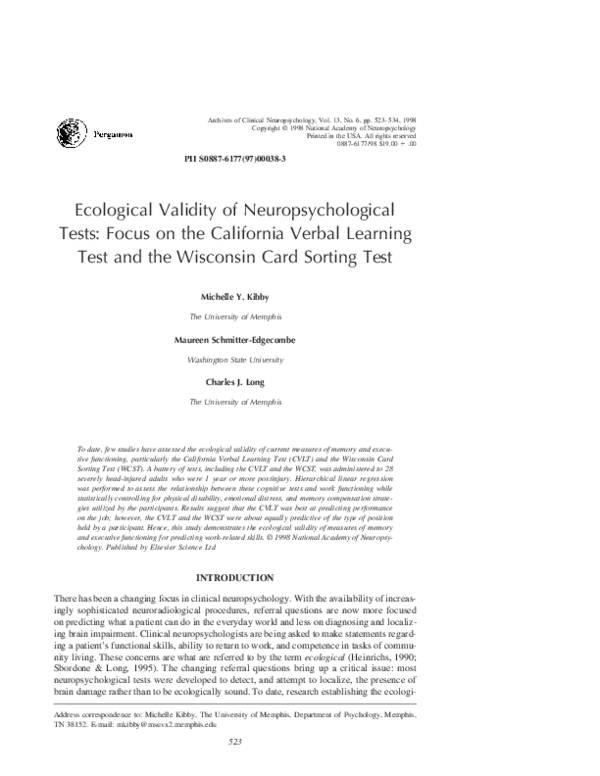 (PDF) Ecological Validity of Neuropsychological Tests Focus on the ...