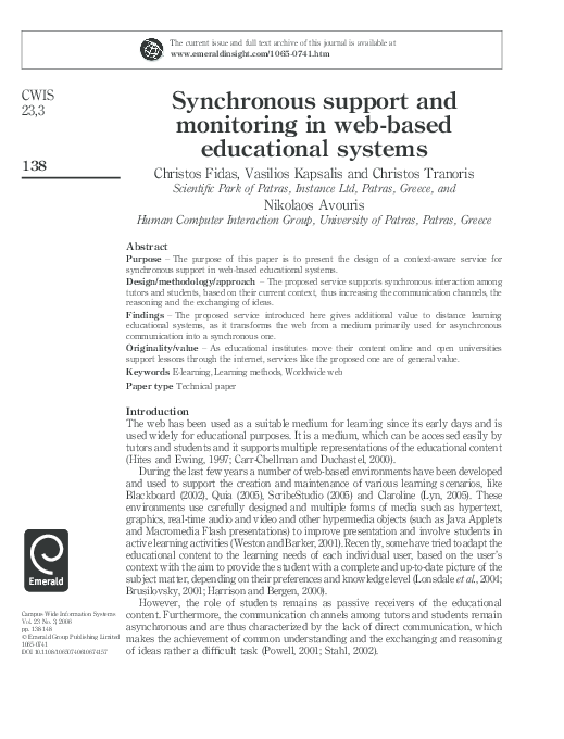 (PDF) Synchronous support and monitoring in web-based educational systems