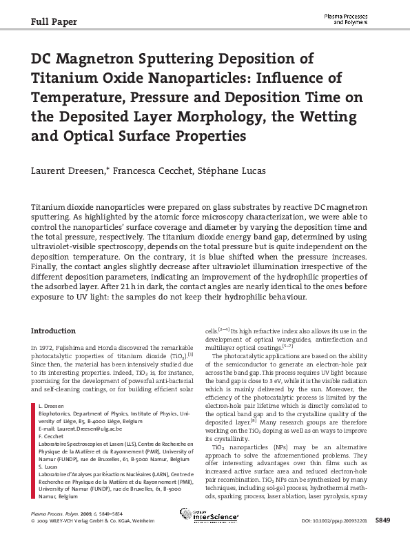 (PDF) DC Magnetron Sputtering Deposition of Titanium Oxide Nanoparticles: Influence of ...