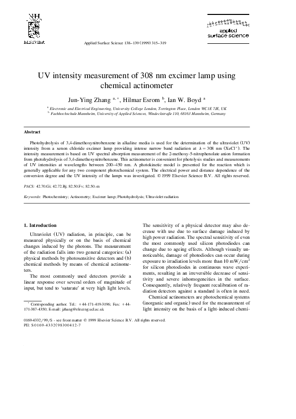 (PDF) UV intensity measurement of 308 nm excimer lamp using chemical ...