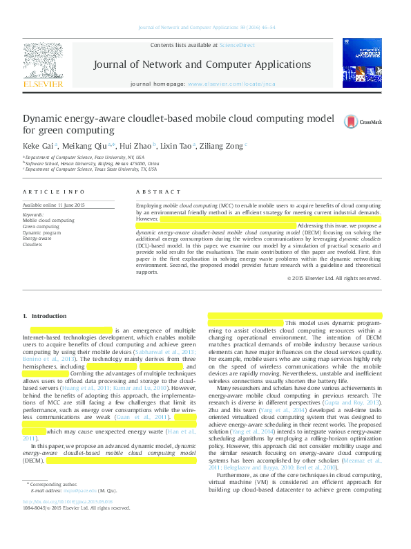 Pdf Dynamic Energy Aware Cloudlet Based Mobile Cloud Computing Model For Green Computing 4278