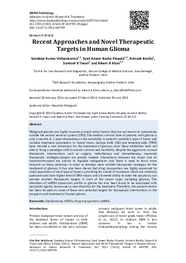(PDF) Recent Approaches and Novel Therapeutic Targets in Human Glioma