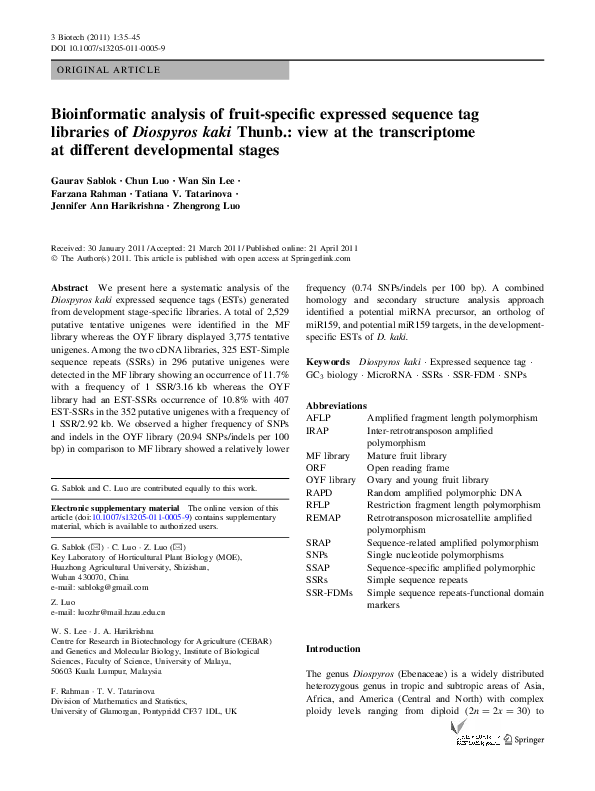 (PDF) Bioinformatic analysis of fruit-specific expressed sequence tag libraries of Diospyros ...