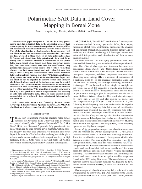 Pdf Polarimetric Sar Data In Land Cover Mapping In Boreal Zone Yrjo Rauste And Anne