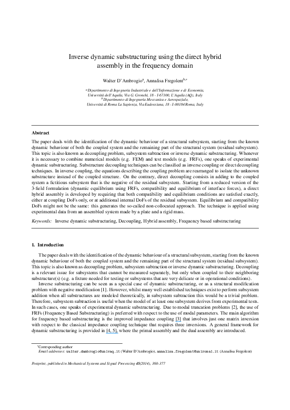(PDF) Inverse dynamic substructuring using the direct hybrid assembly in the frequency domain