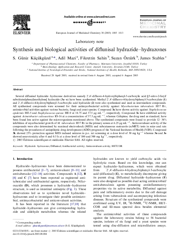 (PDF) Synthesis and biological activities of diflunisal hydrazide–hydrazones